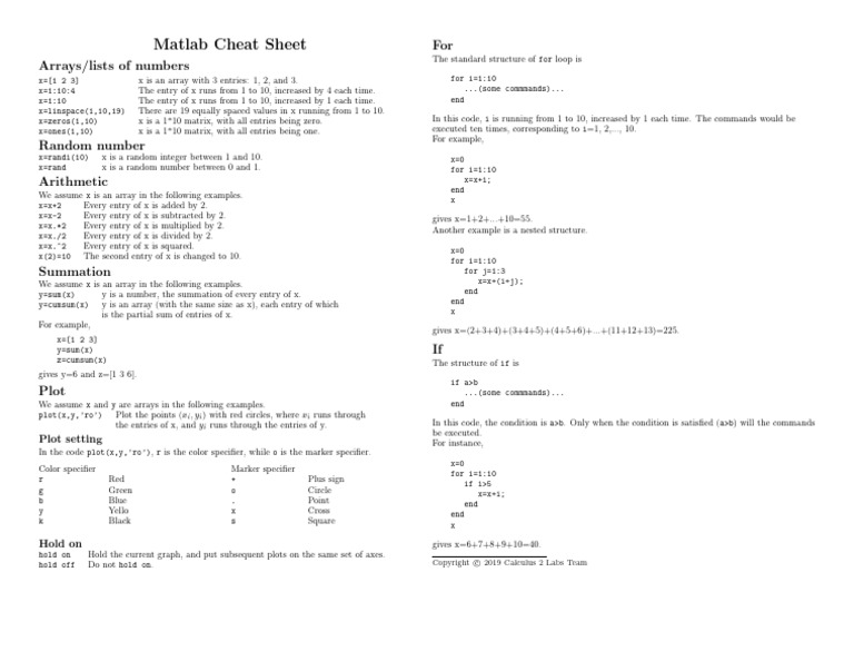 Matlab Cheat Sheet: Arrays/lists of Numbers For | PDF