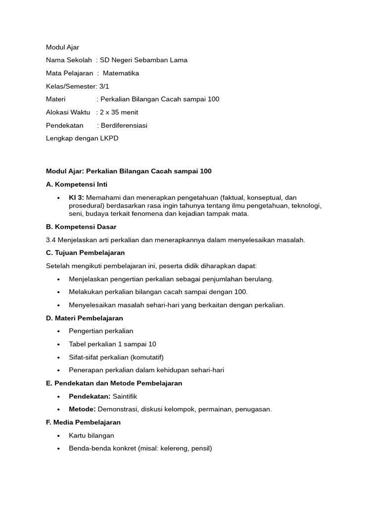 Modul Ajar Perkalian Kelas 3 SD | PDF