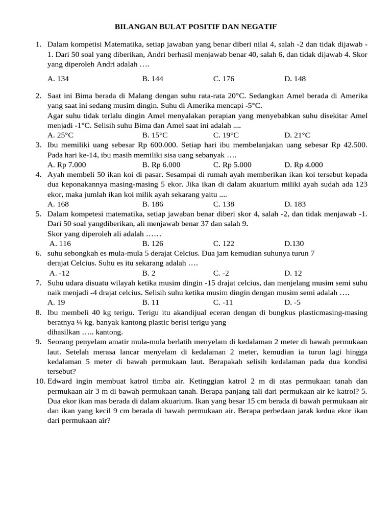 Bilangan bulat positif dan negatif | PDF