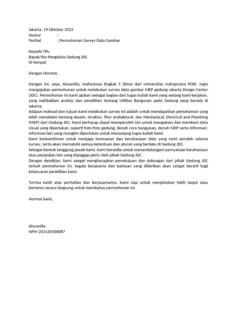 Draft Surat Permohonan Gedung | PDF