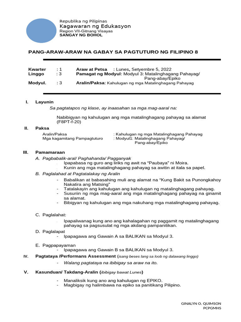 DAILY LESSON GUIDE SA FILIPINO 8 - Q1 - WK3 - Day1 | PDF