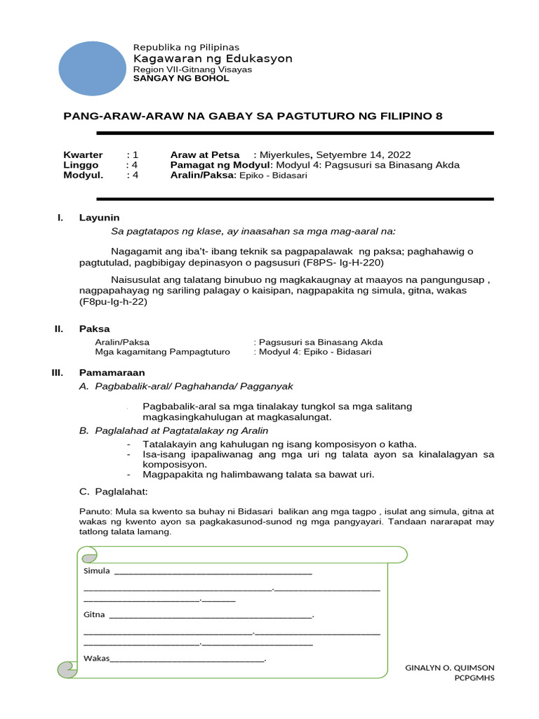DAILY LESSON GUIDE SA FILIPINO 8 - Q1 - WK4 - Day3 | PDF