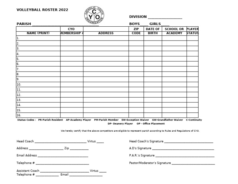 Cyo Volleyball Official Roster Form | PDF