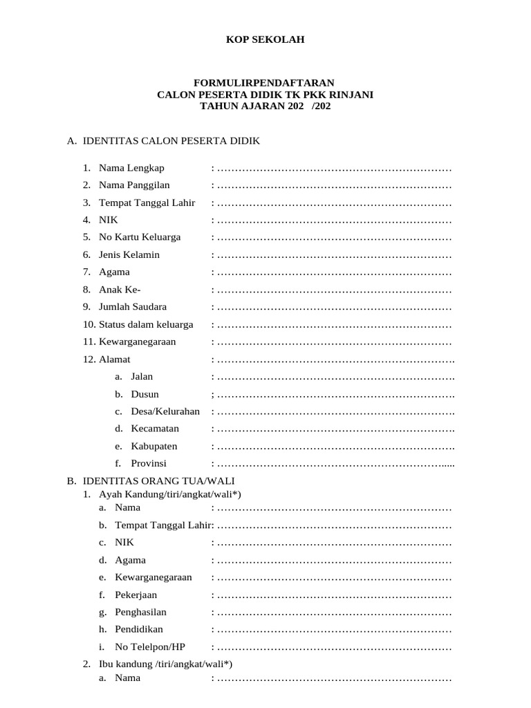 Formulir Pendaftaran TK PKK | PDF