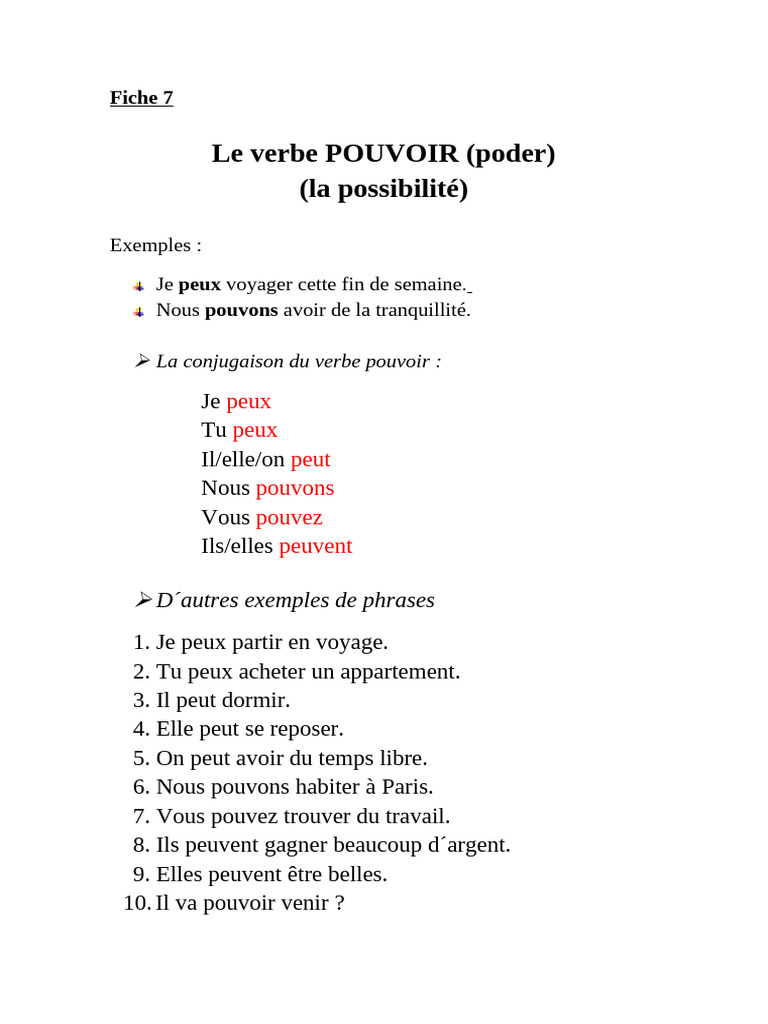 Fiche 7 Verbe Pouvoir | PDF