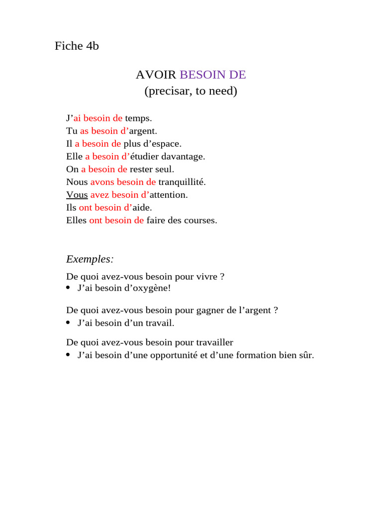 Fiche 4b Avoir Besoin Avoir Envie | PDF