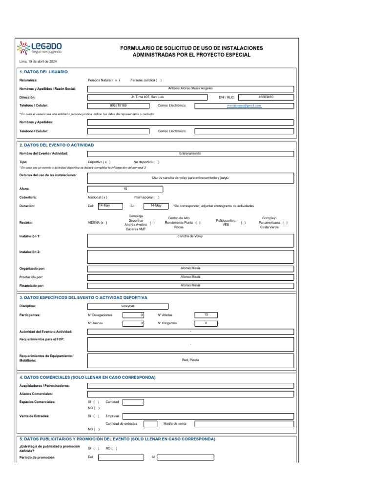 Formulario de Solicitud de Espacios en El Proyecto Legado | PDF
