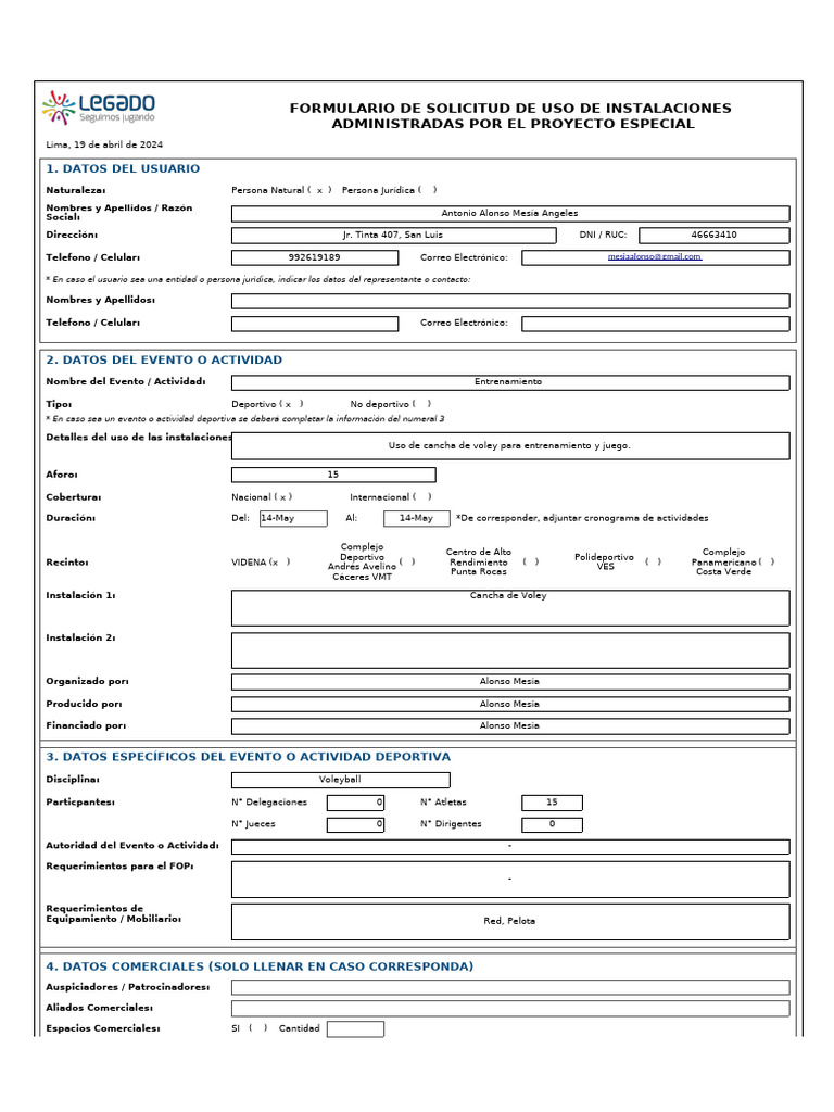 Formulario de Solicitud de Espacios en El Proyecto Legado | PDF
