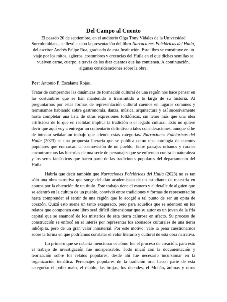 Del Campo Al Cuento - Prólogo Narraciones Folclóricas Del Huila | PDF