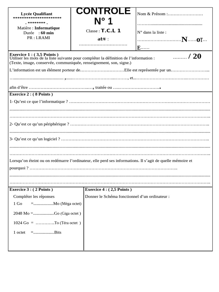 Devoir 1 Modele 1 Informatique Tronc Commun Semestre 1 | PDF