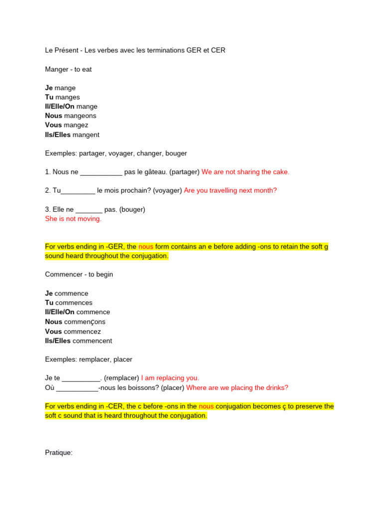 Le Présent - Les Verbes Avec Les Terminations GER Et CER | PDF