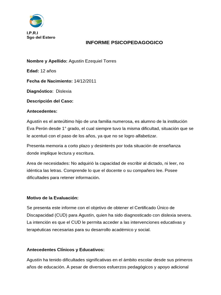 Informe Psicopedagogico | PDF