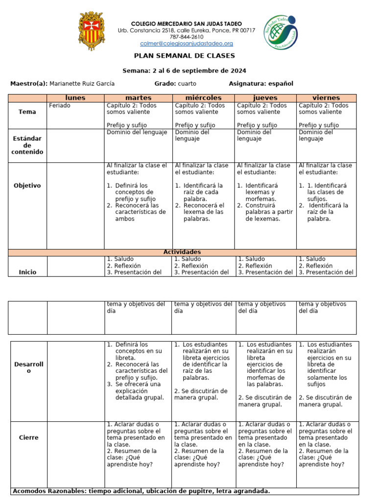 Planificación 2 Al 6 de Septiembre 2024 Cuarto Grado | PDF