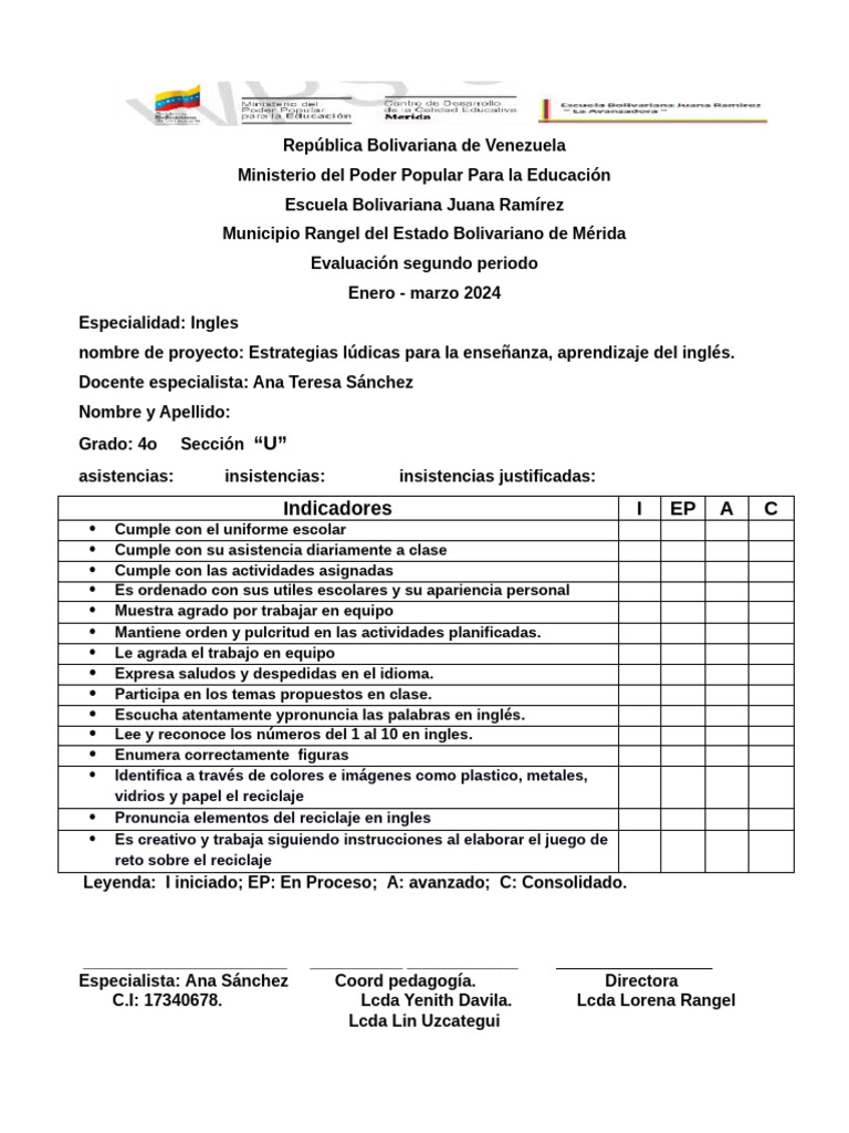 Boleta Ingles 4o Grado | PDF