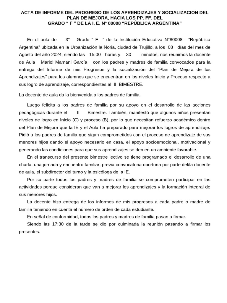 Acta de Informe de Logros de Aprendizaje y Plan de Mejora | PDF