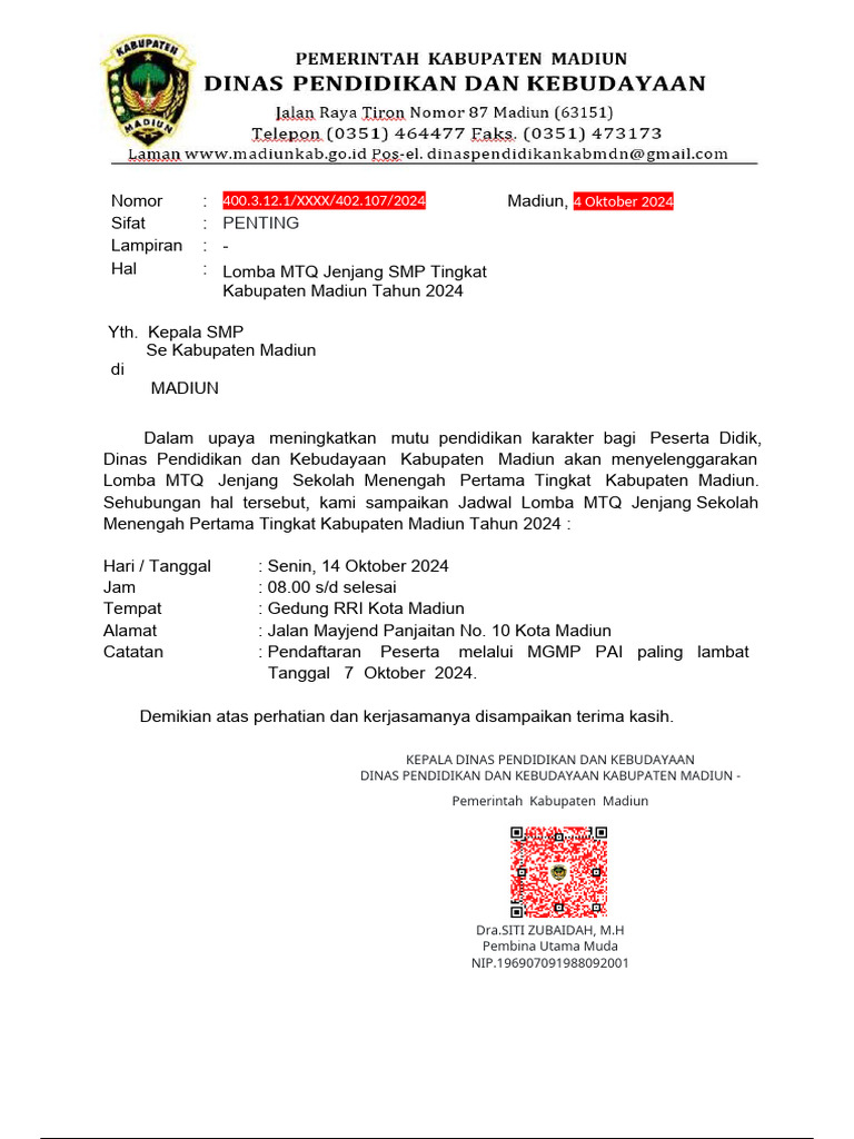 Draft SURAT EDARAN LOMBA MTQ SMP 2024 | PDF