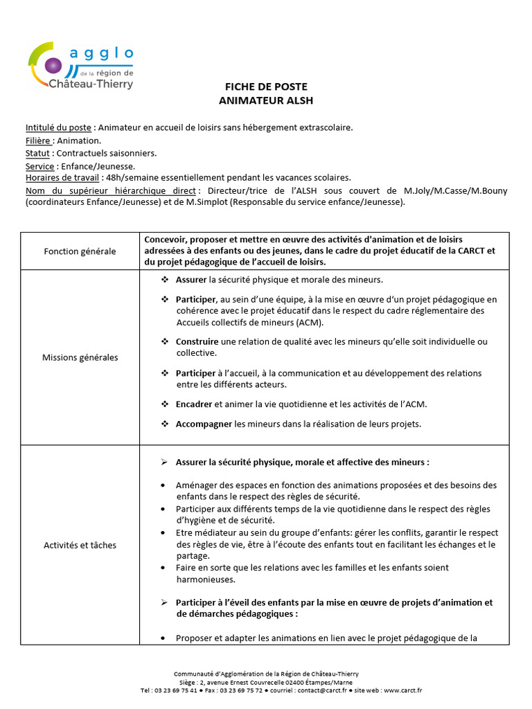Fiche de Poste Animateur ALSH CARCT | PDF