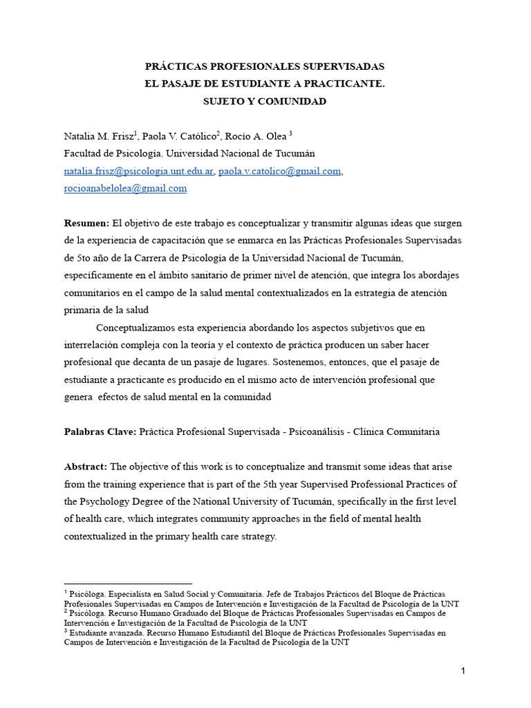 Prácticas Profesionales Supervisadas El Pasaje de Estudiante A ...