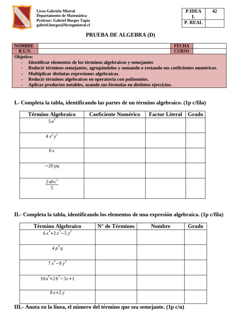 Prueba ALGEBRA PIE | PDF