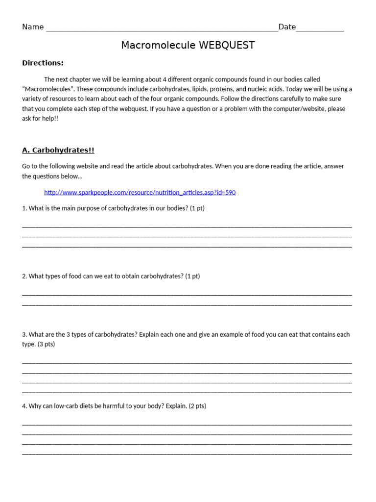 Macromolecule WEBQUEST: Name - Date | PDF | Fat | Wellness
