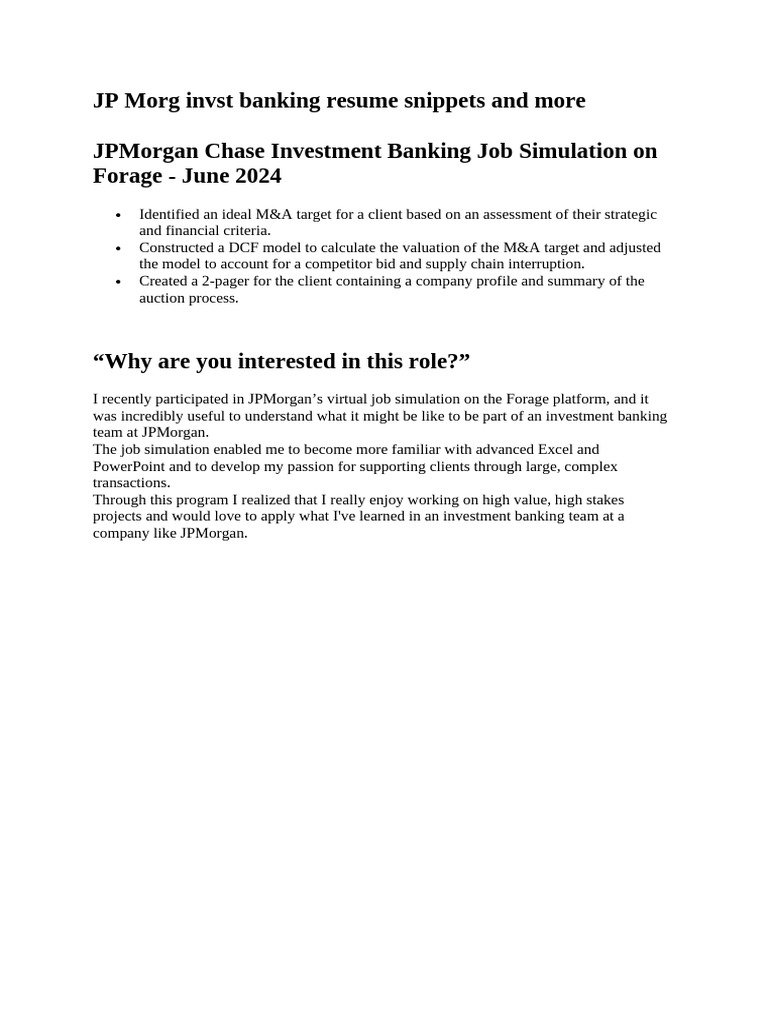JP Morg Invst Banking Resume Snippets and More | PDF
