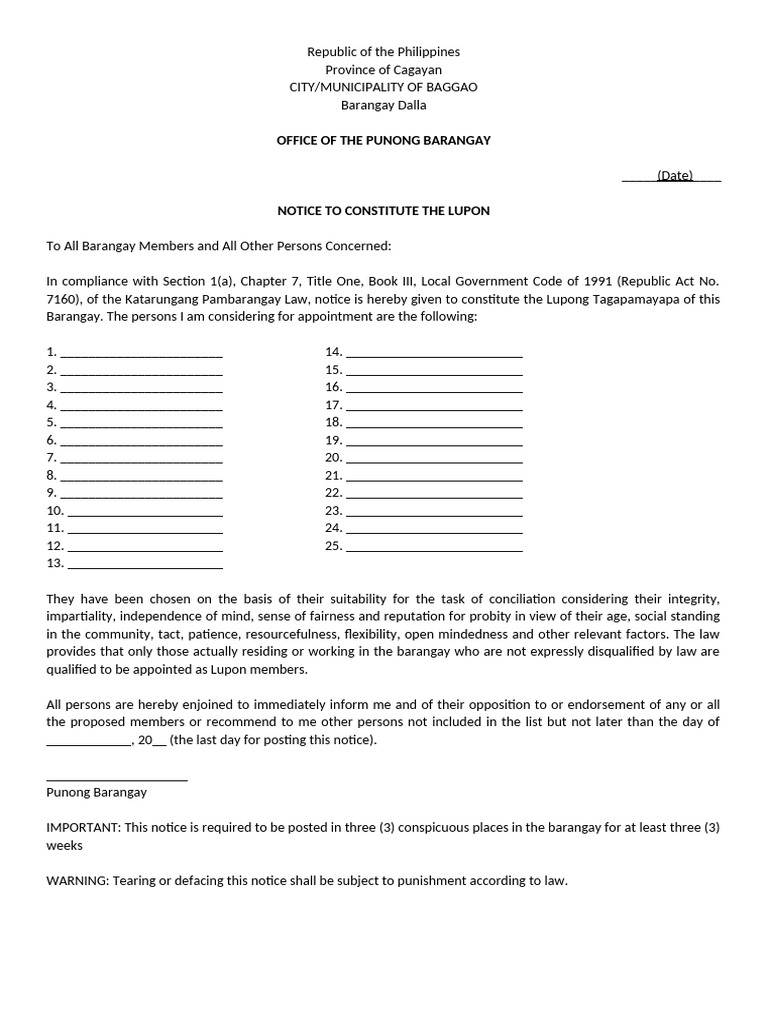 KP Form # 1 Notice To Constitute The Lupon | PDF