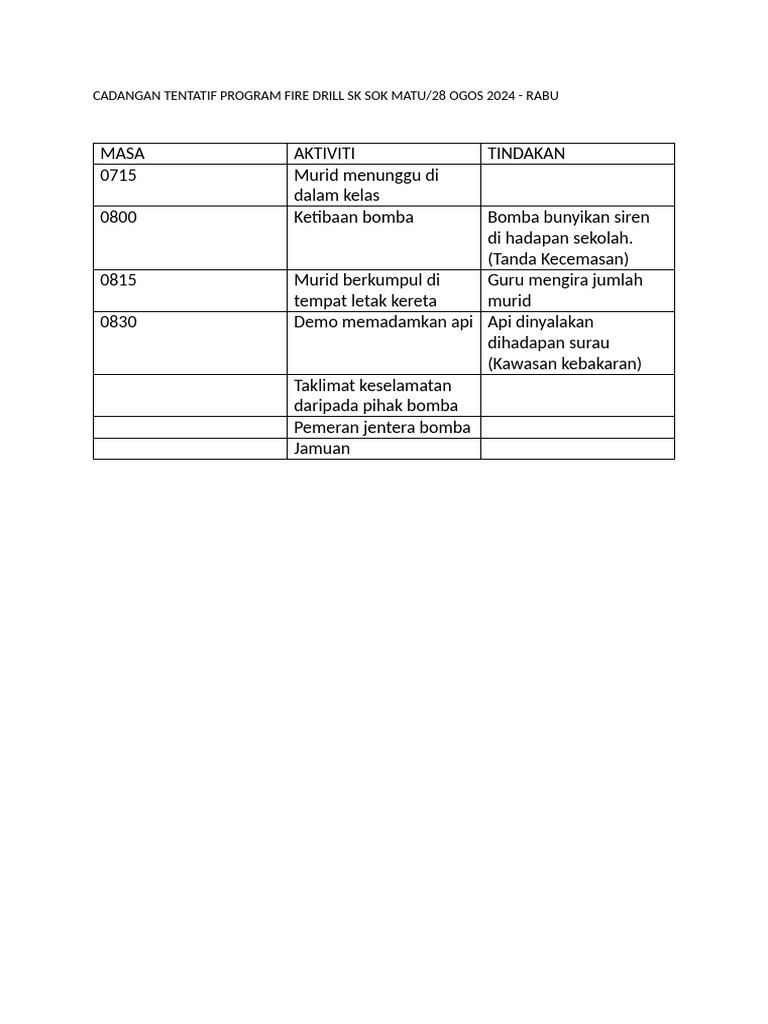 Cadangan Tentatif Program Fire Drill SK Sok Matu | PDF