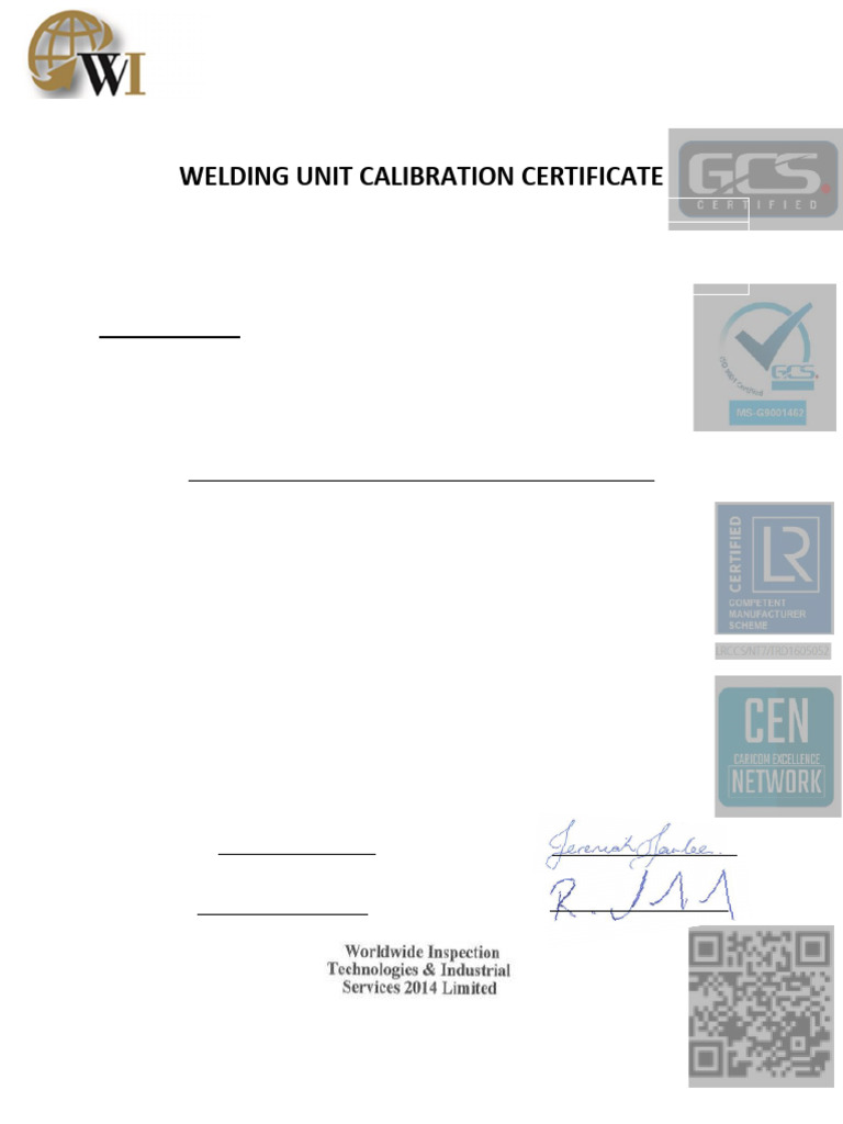 Welding Unit Calibration Cert # C1180400416 | PDF