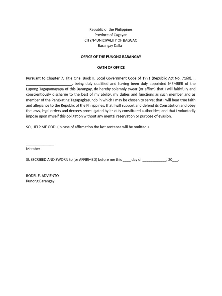 KP Form # 5 Lupon Member Oath Statement | PDF