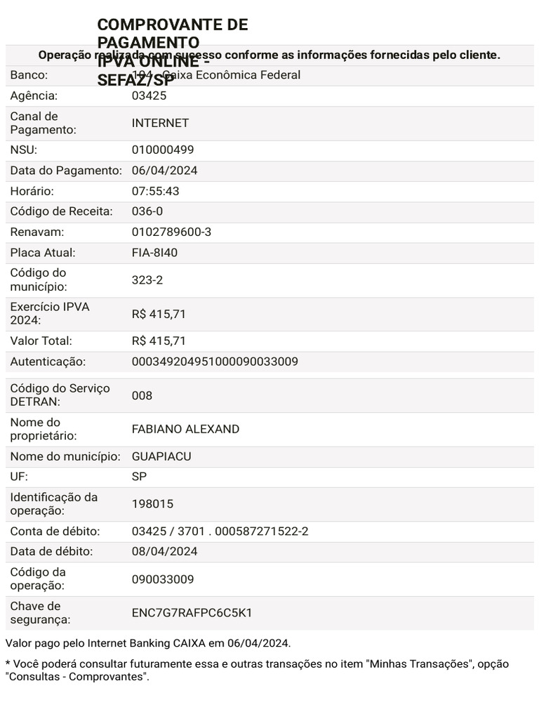 Comprovante de Pagamento Ipva Online - Sefaz/Sp | PDF