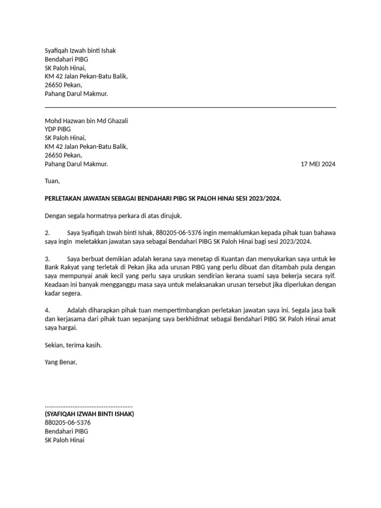 Surat Letak Jawatan Sebagai Bendahari PIBG | PDF