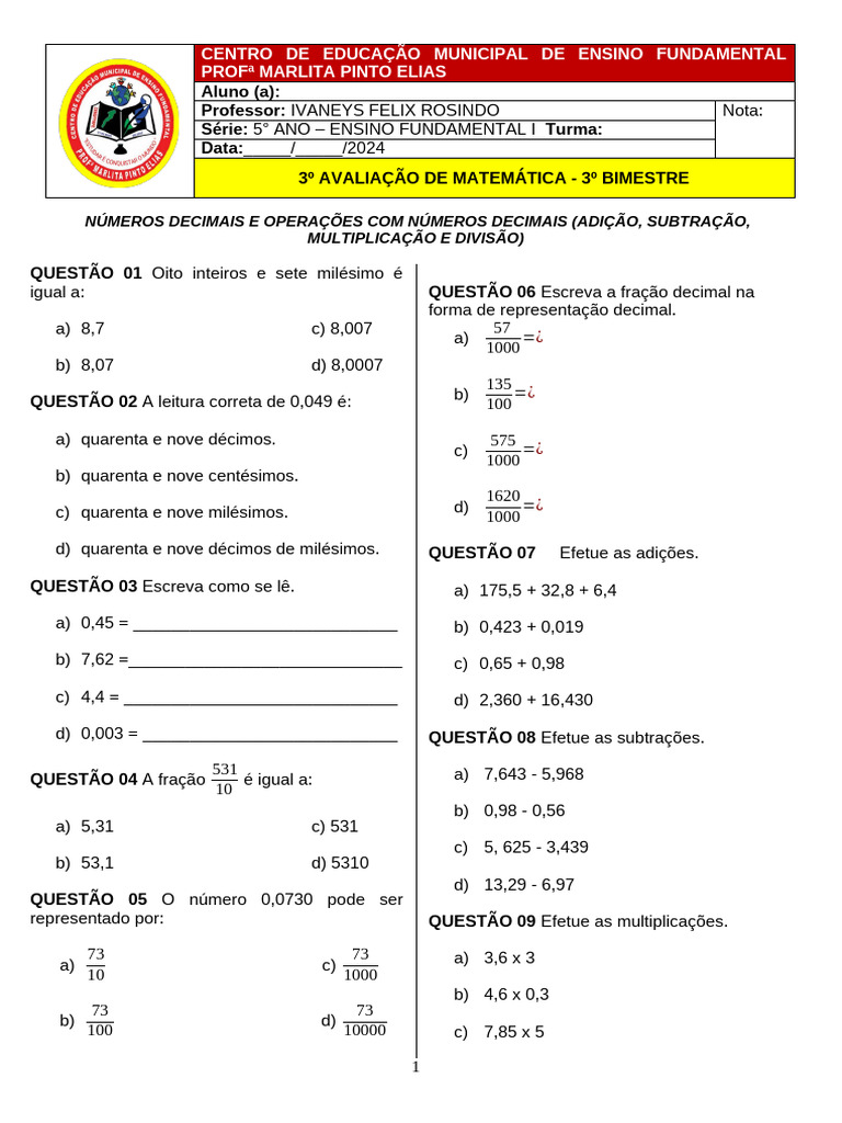 AV3 - 3° ANO 3 MATEMÁTICA 2024 2º Bimestre | PDF | Matemática elementar | Divisão (Matemática)
