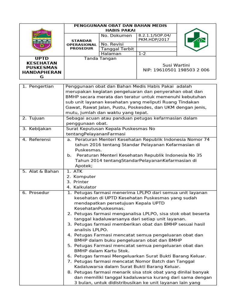8 2 1 1 Sop Penggunaan Obat Dan Bahan Medis Habis Pakai | PDF