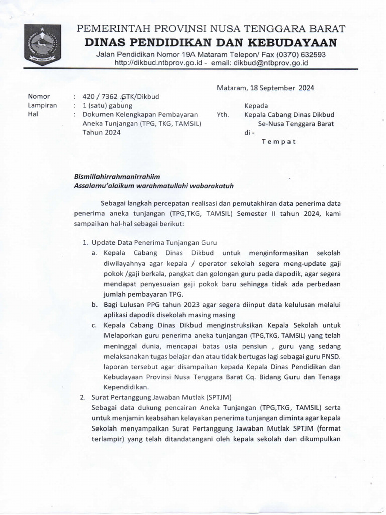 Dokumen Kelengkpan Pembayaran Aneka Tunjangan TPG TKG TAMSIL Tahun 2024 038 | PDF