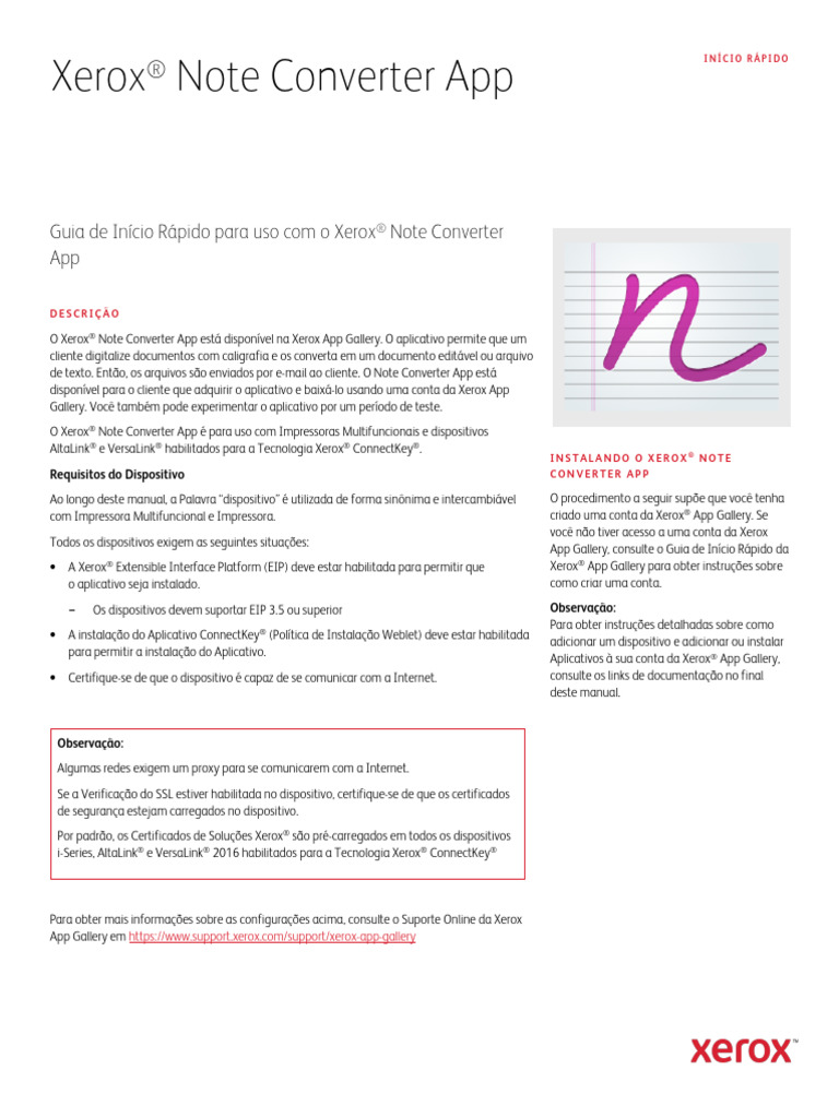 Xerox Note Converter QS Guide BR-pt-BR28209 | PDF