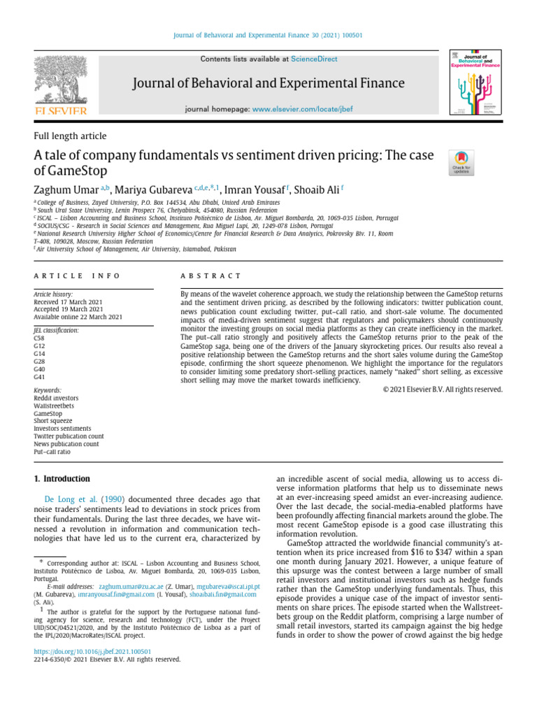 Journal of Behavioral and Experimental Finance: Zaghum Umar, Mariya Gubareva, Imran Yousaf ...