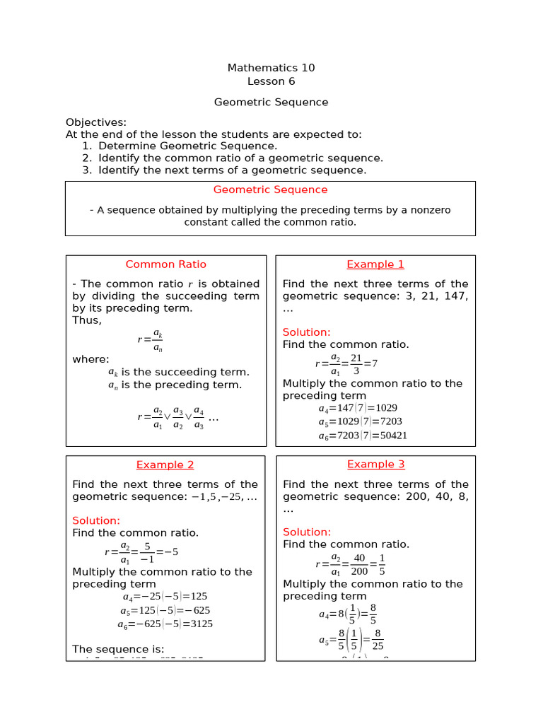 Mathematics 10 lesson 6 | PDF