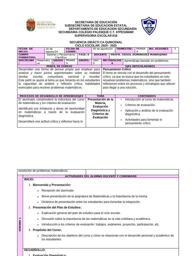 Secuenc. Didact. Mate Sept. 1ro | PDF