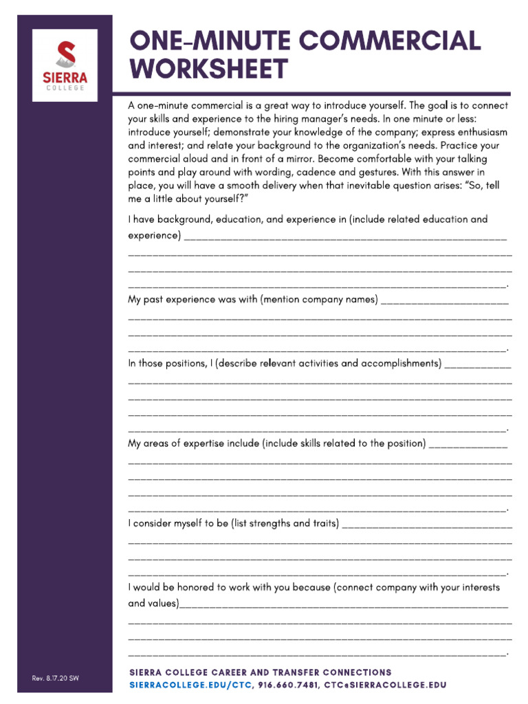One-Minute Commercial Worksheet | PDF