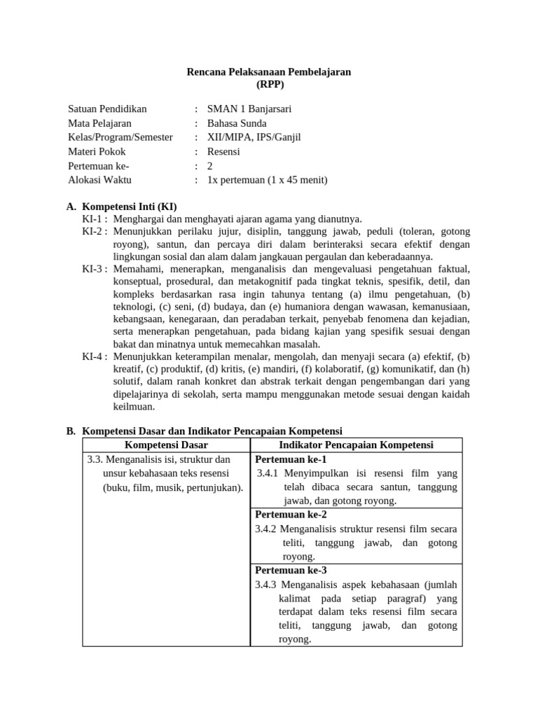 RPP Resensi (Supervisi Kelas) | PDF