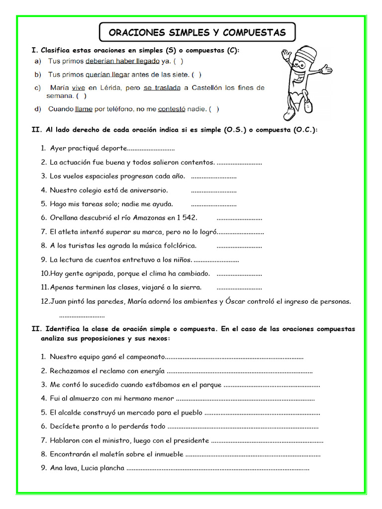 Ficha-Oraciones Simples y Compuestas | PDF