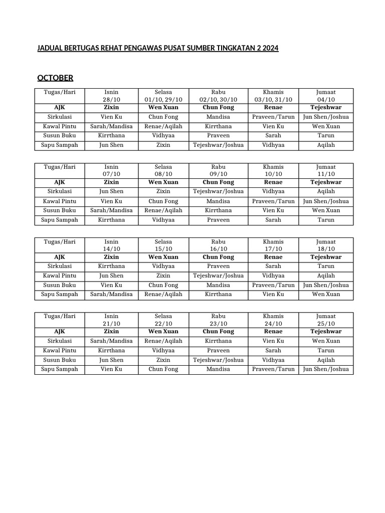 Jadual Rehat F2 Librarians 2024 (October) | PDF