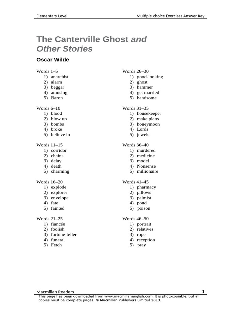 The - Canterville Ghost Wordlist Answer Key | PDF