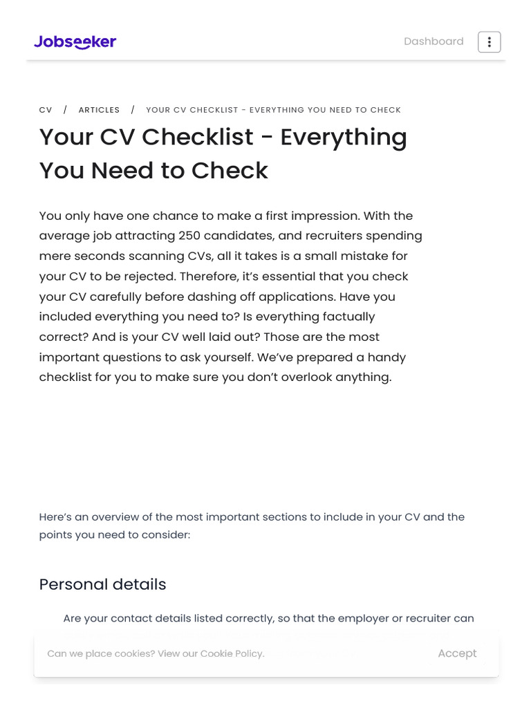 Your CV Checklist - Everything You Need To Check - Jobseeker | PDF