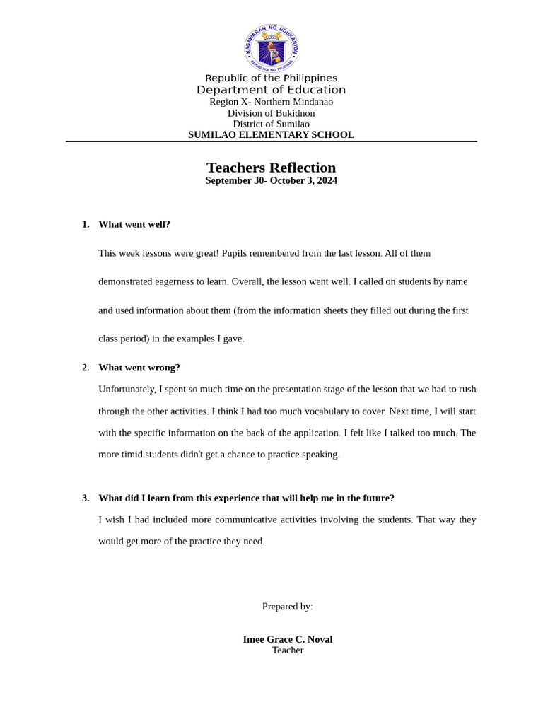 Teachers Reflection | PDF | Career & Growth