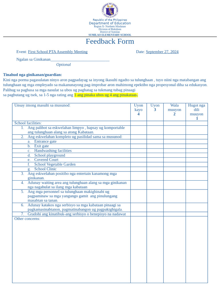 Feed Back Form For Pta | PDF