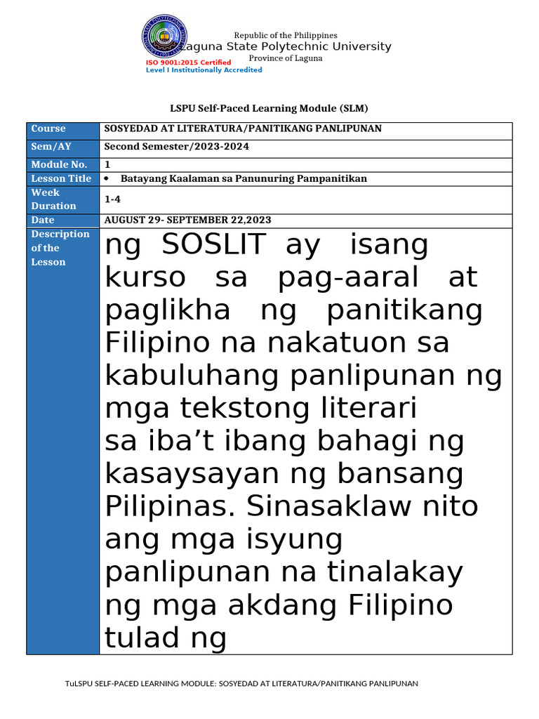 Yabut-Slm1 - Soslit - First Sem | PDF | Philippines | Language Arts & Discipline