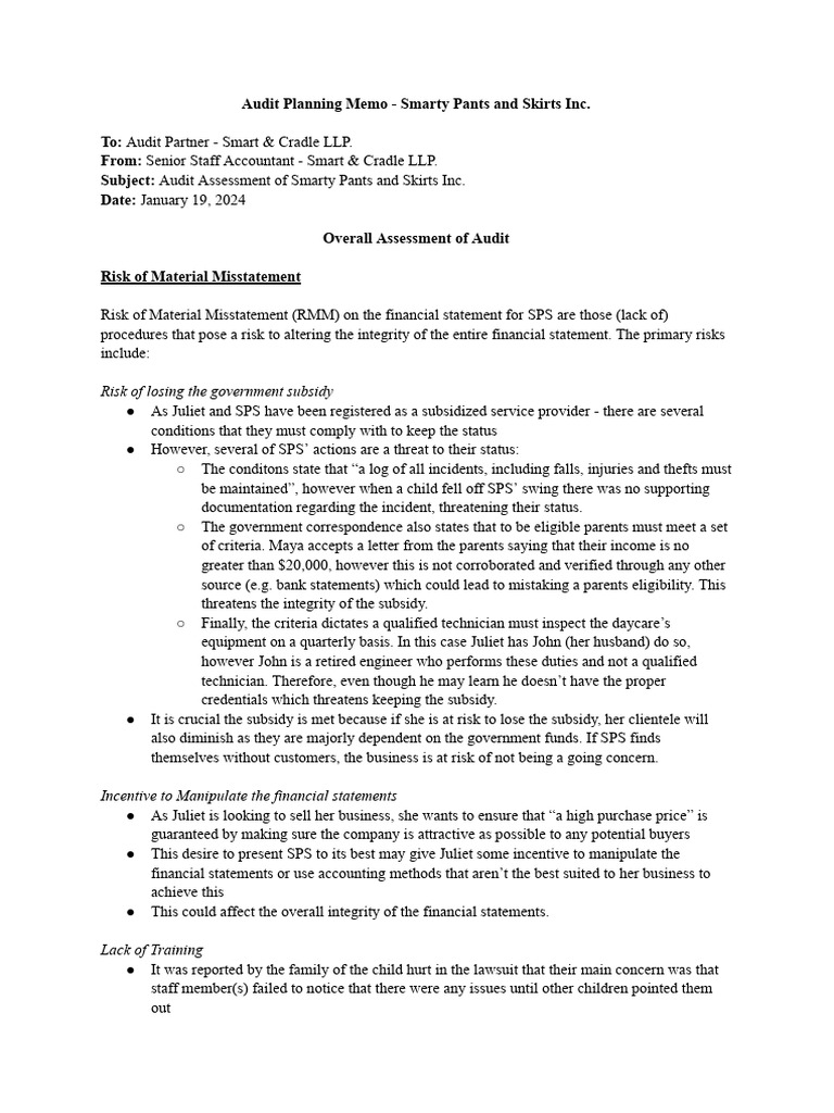 Audit Planning Memo - Smarty Pants and Skirts Inc | PDF