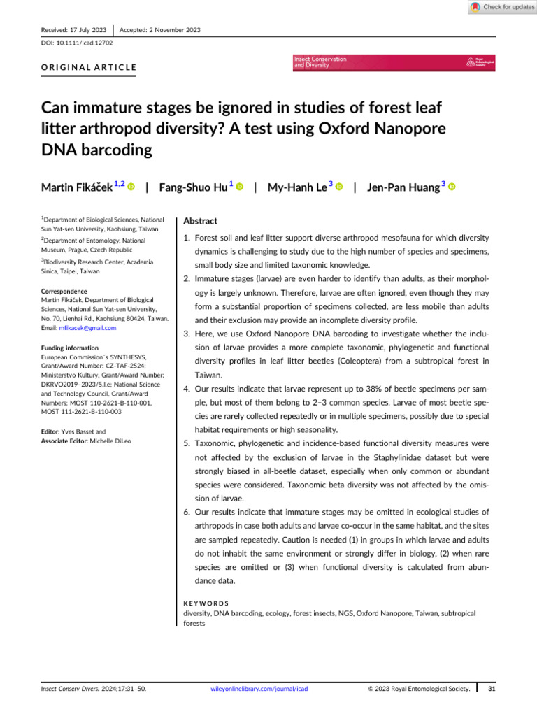 Insect Conserv Diversity - 2023 - Fikáček - Can Immature Stages Be Ignored in Studies of Forest ...