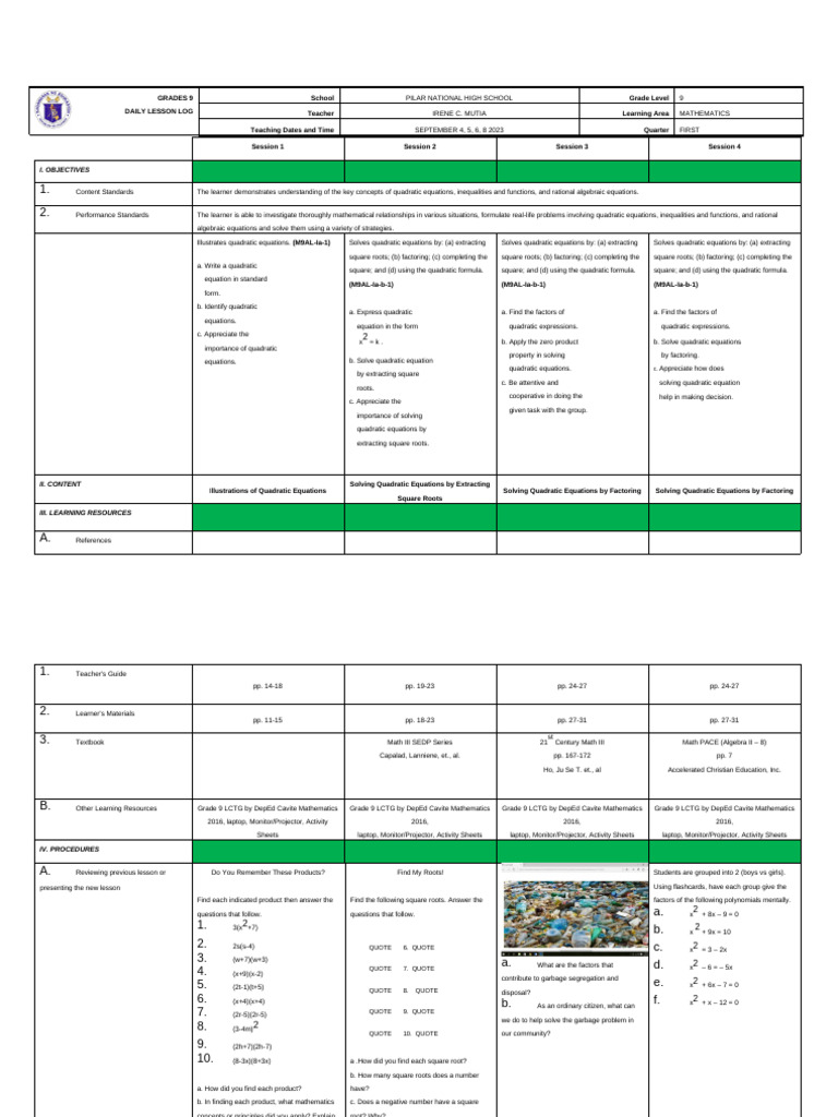 DLL-WK 1-LC 1 Illustrates Quadratic Equation | PDF | Factorization ...